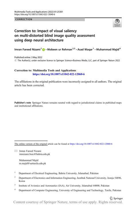 Correction To Impact Of Visual Saliency On Multi Distorted Blind Image Quality Assessment Using