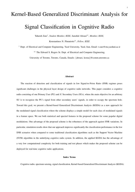 Pdf Kernel Based Generalized Discriminant Analysis For Signal Classification In Cognitive Radio
