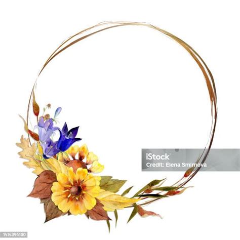 손으로 그린 가을 꽃 가지 및 나뭇잎이있는 수채화 원 프레임 배열 흰색 배경에 고립되어 있습니다 초대장 결혼식 또는 인사말 카드 벽지 인쇄 섬유 디자인 0명에 대한 스톡