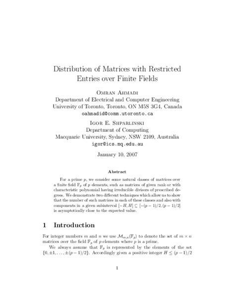 Pdf Distribution Of Matrices With Restricted Entries Over Finite Fields