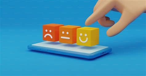 행복한 얼굴 이모티콘을 사용한 고객 만족도 조사 고객 제품 및 서비스에 대한 우수한 피드백 스마트폰 파란색 배경에 있는 얼굴 아이콘입니다 3d 렌더링 그림 사진