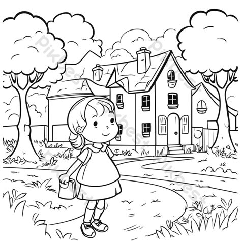 윤곽선 스케치 바구니를 들고 마당을 걷고 있는 어린 소녀 색칠하기 페이지 그리기 벡터 일러스트 Png Png 무료 다운로드