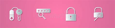 Set Paper Cut House With Key Password Protection Lock And Repair Icon