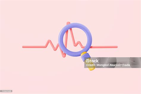 돋보기 모니터가있는 3d 빨간색 펄스 라인 건강한 라이프 스타일을위한 심박수 또는 심전도 맥박 측정 심장 보조 의료 의료 3d 심박수 벡터 아이콘 렌더링 일러스트레이션 건강