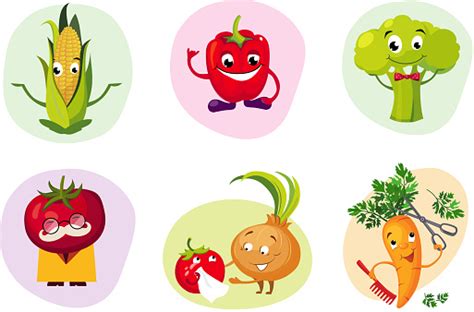 귀여운 행복 야채 문자 세트 웃는 얼굴 옥수수 토마토 브로콜리 양파 당근 후추 벡터 일러스트와 재미 마스코트 0명에 대한 스톡