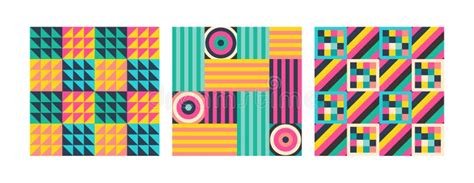 Set Of Three Vector Summer Seamless Patterns Assembled From Squares