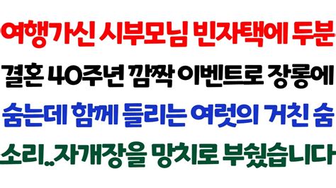 반전 신청사연 여행가신 시부모님 빈자택에 두분 결혼 40주년 깜짝 이벤트로 장롱에 숨는데 함께 들리는 여럿의 거친 숨소리자개장을 망치로 부쉈습니다실화사연사연낭독