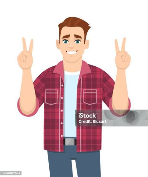 평화 표지판을 보여주는 행복한 청년 승리 V 승자 또는 손가락으로 두 개의 제스처를 만드는 세련된 사람 트렌디 한 남성 캐릭터 디자인 일러스트 벡터 만화 스타일의 인간의