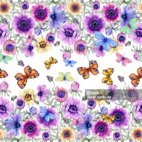 흰색 배경에 녹색 잎과 아름다운 화려한 말미잘 꽃과 비행 나비 매끄러운 꽃 무늬 테두리 수채화 그림입니다 손으로 그린 일러스트 개화기에 대한 스톡 벡터 아트 및 기타 이미지