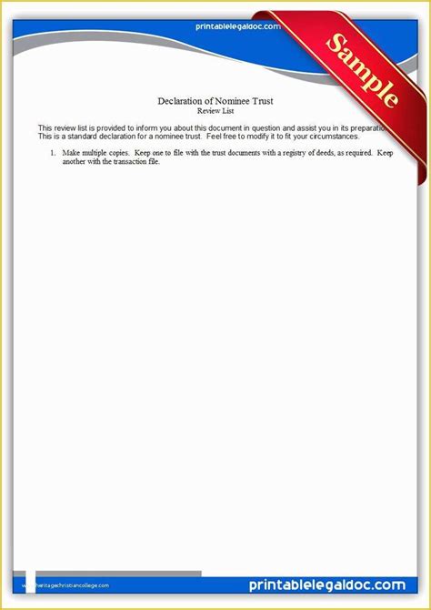Free Declaration Of Trust Template Of Free Printable Declaration Nominee Trust Form Generic