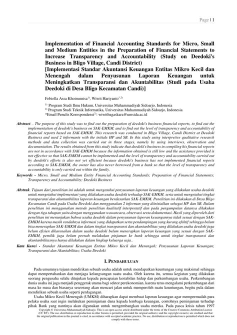 Pdf Implementation Of Financial Accounting Standards For Micro Small And Medium Entities In