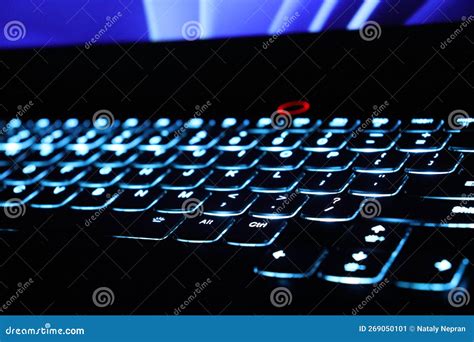 Close Up Monitor And Backlit Keyboard Concept Photo Keys With Glowing Elements Stock Image