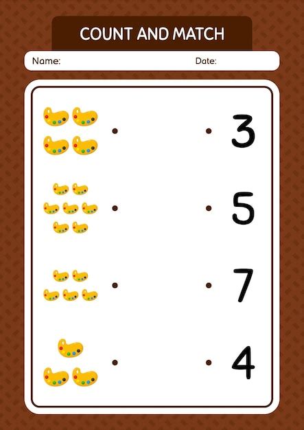 미취학 아동 아동 활동 시트를 위한 페인트 팔레트 워크시트로 게임을 계산하고 일치시킵니다 프리미엄 벡터