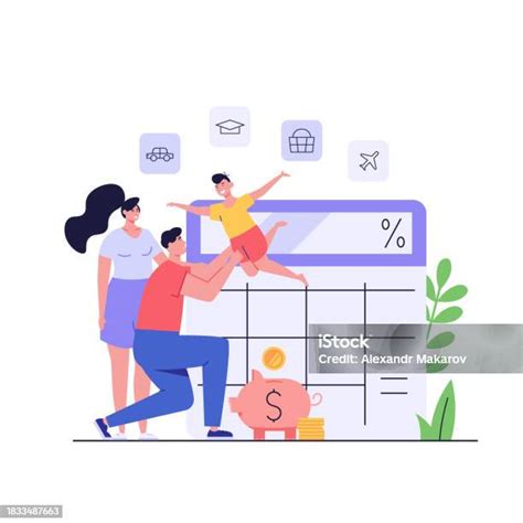 가족 예산 계획 아이를 둔 욘 부부는 돈을 저축하고 돼지 저금통 계산기 동전으로 계획을 세웁니다 가족 돈 가계 금융의 개념 평면 만화 디자인의 벡터 일러스트 레이 션 가족에
