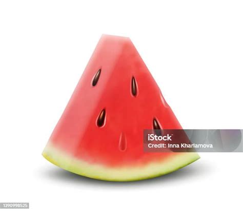 수박 조각 벡터 3d 현실적인 잘 익은 신선한 과일 수박 조각은 흰색 배경에 고립되어 있습니다 구덩이가있는 육즙이 많은 붉은 수박 조각의 그림 수박에 대한 스톡 벡터 아트