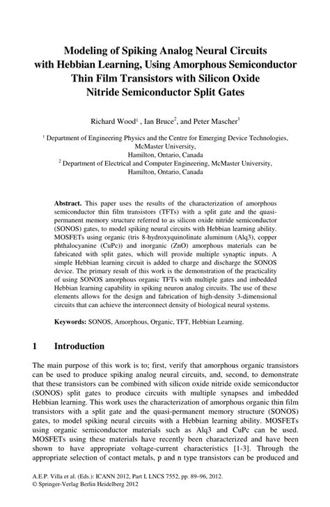 Pdf Modeling Of Spiking Analog Neural Circuits With Hebbian Learning Using Amorphous