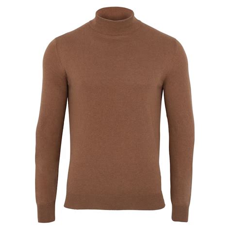 Mens Ultra Fine Cotton Spencer Mock Turtle Neck Jumper Camel Paul