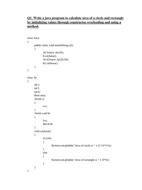 Q1 Write A Java Program To Calculate Area Of A Circle And Rectangle By