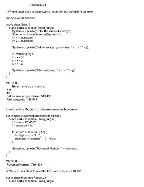 Java Journal Practical No I Write A Java Class To Swap Two Numbers