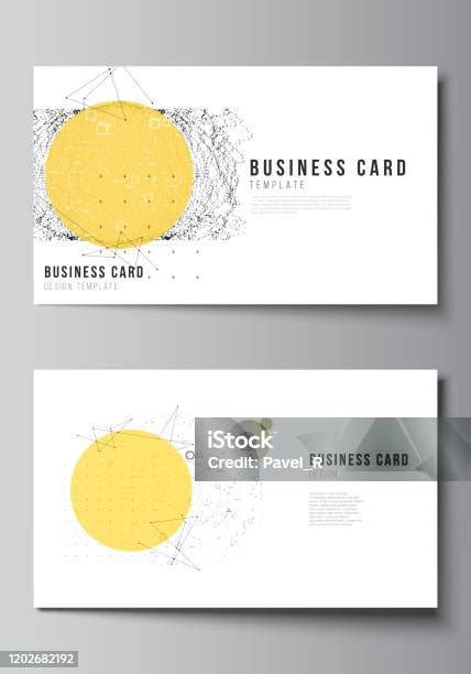 두 개의 창조적 인 명함 디자인 템플릿의 최소 추상 벡터 일러스트 레이아웃 동적 입자가 있는 과학 또는 기술 3d 배경 화학 및 과학 개념 0명에 대한 스톡 벡터 아트 및