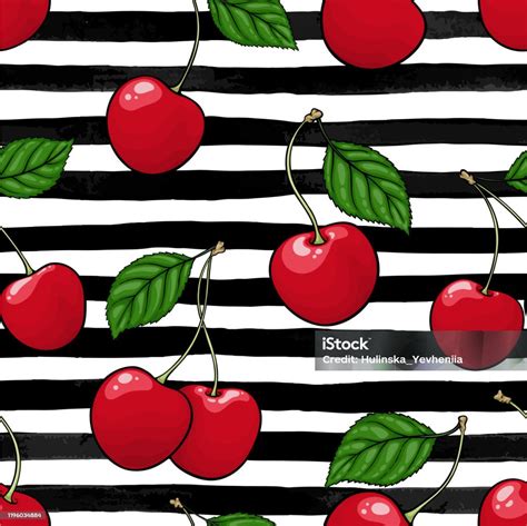 검은 색과 흰색 수채화 줄무늬에 잎과 원활한 패턴 빨간 체리 디자인 휴일 인사말 카드 및 계절 여름 휴가 해변 파티 관광 및 여행의 초대 체리에 대한 스톡 벡터 아트 및
