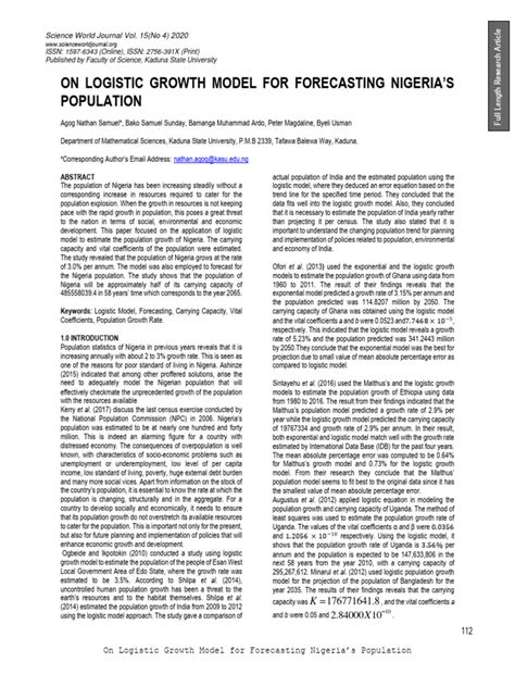 On Logistic Growth Model For Forecasting Nigerias Population Pdf
