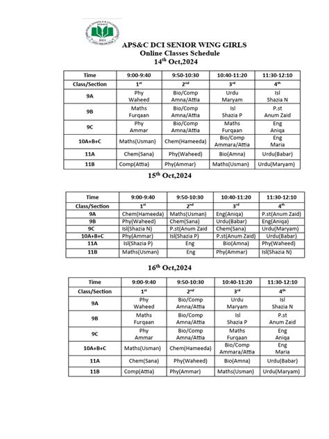 Online Classes Schedule Pdf