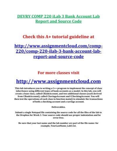 Devry Comp 220 Ilab 3 Bank Account Lab Report And Source Code