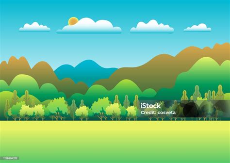 평면 스타일 디자인에 언덕과 산 풍경입니다 계곡 배경입니다 아름 다운 녹색 필드 풀밭 및 푸른 하늘 언덕 숲 나무 만화 벡터에서 시골 위치 0명에 대한 스톡 벡터 아트 및
