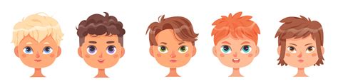 프로필 아바타 소년 얼굴 세트 벡터 일러스트 만화 고립 된 행복 한 남성 작은 캐릭터 다른 눈 헤어 스타일과 머리 색깔 쾌활한 아이 컬렉션의 귀여운 초상화 검은색에 대한