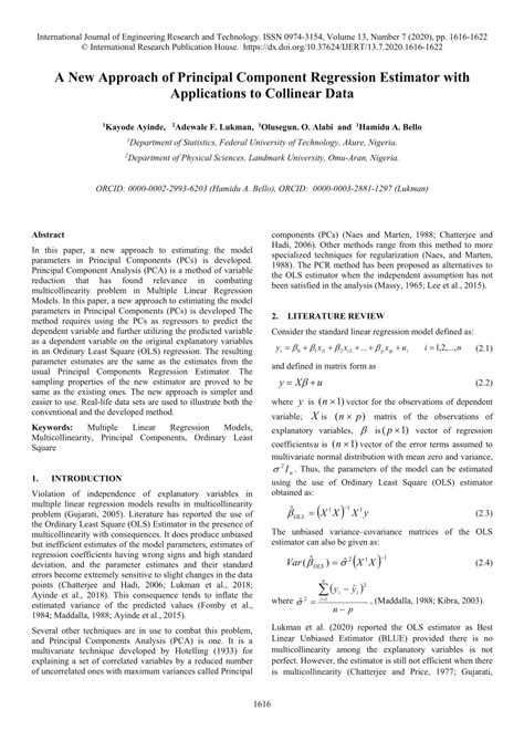 Pdf A New Approach Of Principal Component Regression Estimator With Applications To Collinear Data