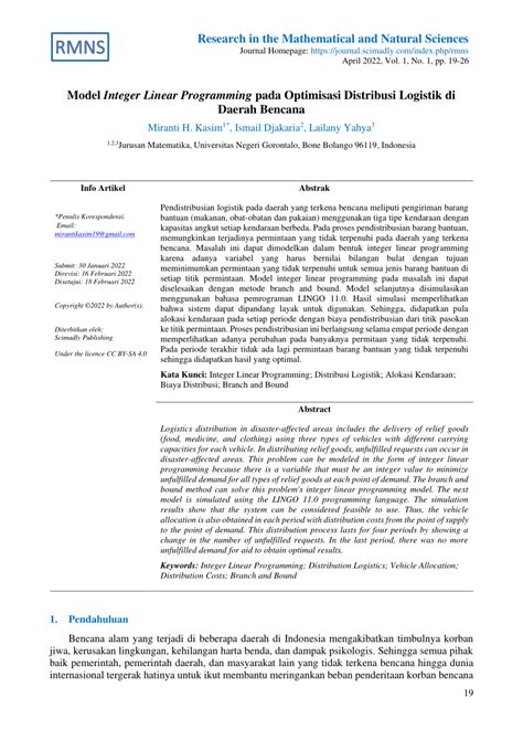 Pdf Model Integer Linear Programming Pada Optimisasi Distribusi Logistik Di Daerah Bencana