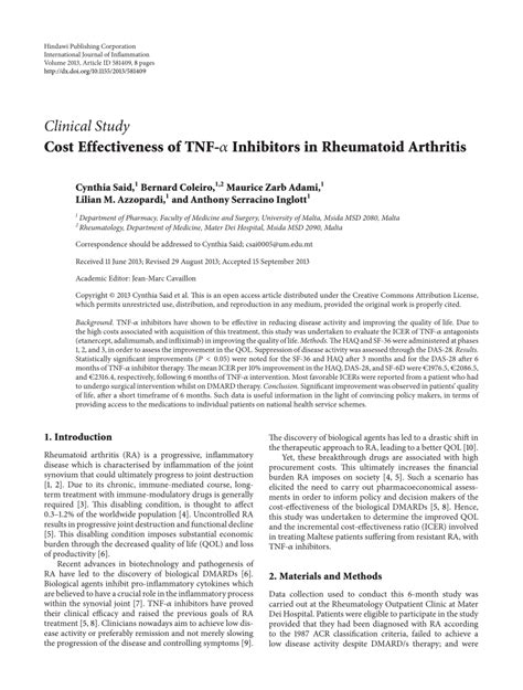 Pdf Cost Effectiveness Of Tnf α Inhibitors In Rheumatoid Arthritis