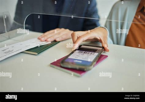 Smartphone Digital Plane Ticket And Woman Barcode And Passport