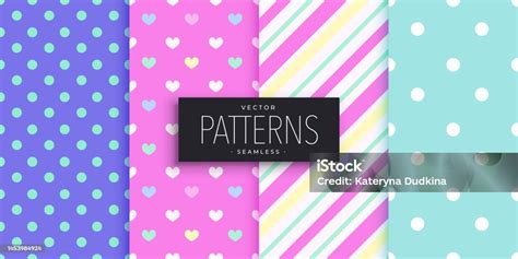귀여운 물방울 무늬 하트 스트라이프 패턴 세트 원활한 배경 육즙이 많고 식욕을 돋우는 색상 벡터 그림입니다 하트 모양에 대한
