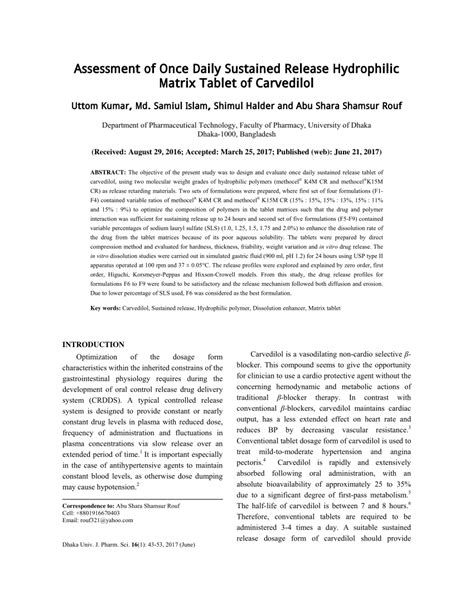 Pdf Assessment Of Once Daily Sustained Release Hydrophilic Matrix Tablet Of Carvedilol