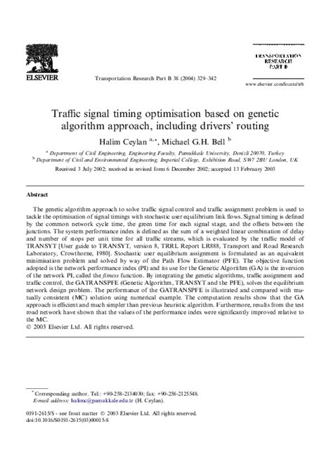 Pdf Traffic Signal Timing Optimisation Based On Genetic Algorithm