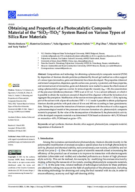 Pdf Obtaining And Properties Of A Photocatalytic Composite Material Of The “sio2 Tio2” System