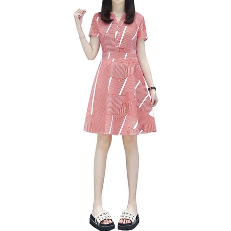 Sexemara Summer Womens Dresses V Neck Red Striped Runaway Dress Plus