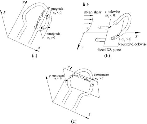 schematics of vortex orientation in three orthogonal planes for