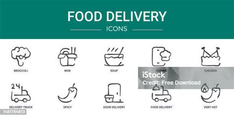 브로콜리 냄비 수프 요리 치킨 배달 트럭 보고서 프리젠 테이션 다이어그램 웹 디자인 모바일 앱을위한 매운 벡터 아이콘과 같은 10 개의 개요 웹 음식 배달 아이콘 세트