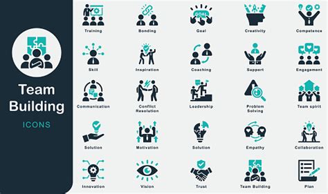 팀 빌딩 솔리드 아이콘 컬렉션 비즈니스 교육 목표 협업 지원 동기 부여 해결책 기술 코칭 리더십 통신 해결책 팀 정신 영감을 포함합니다 아이콘에 대한 스톡 벡터 아트 및