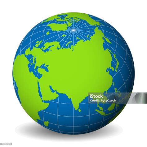 녹색 세계 지도 푸른 바다와 바다 지구 지구는 아시아에 집중 했다 얇은 흰색 Meridians과 패 러 랠 3 차원 벡터 일러스트 레이 션 위도에 대한 스톡 벡터 아트 및