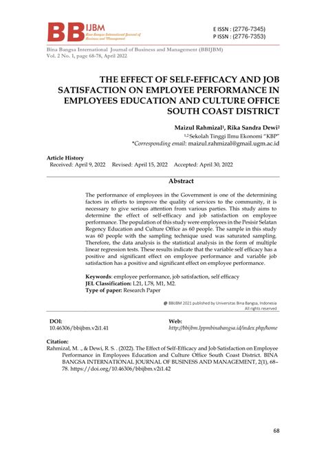 Pdf The Effect Of Self Efficacy And Job Satisfaction On Employee Performance In Employees