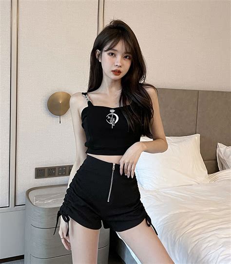 체인 끈나시 크롭탑 하이웨스트 지퍼 반바지 코디세트 댄스복