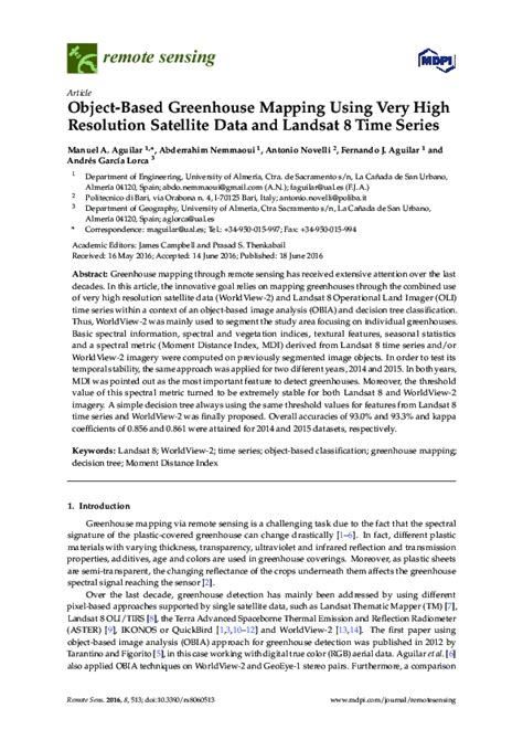 Pdf Object Based Greenhouse Mapping Using Very High Resolution Satellite Data And Landsat 8