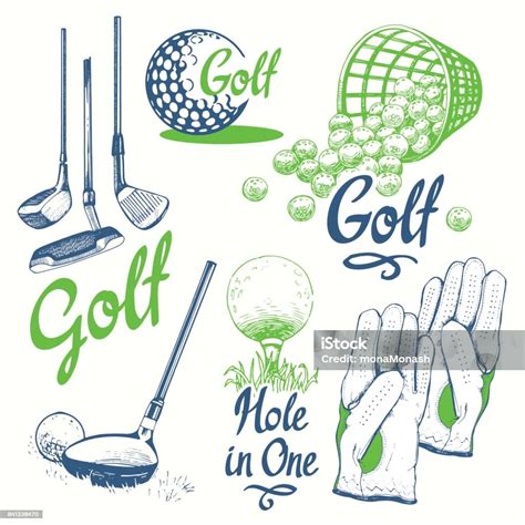 골프 바구니 신발 퍼 터 볼 장갑 가방 세트 손으로 그린 스포츠 장비의 벡터 집합입니다 흰색 바탕에 스케치 스타일에서 그림입니다 필기 잉크 레터링 골프 클럽에 대한 스톡
