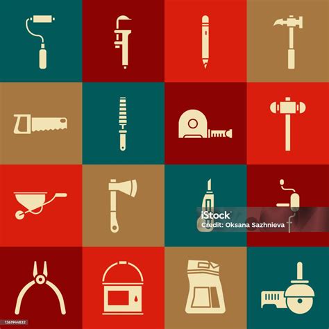 세트 앵글 그라인더 핸드 드릴 썰매 망치 지우개를 가진 연필 나무 톱 페인트 롤러 브러시 및 룰렛 건설 아이콘을위한 끌 도구 벡터 각도에 대한 스톡 벡터 아트 및 기타