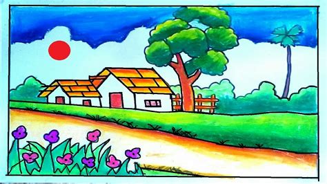 সহজ দৃশ্য আঁকা ও রং করা গ্রামের প্রাকৃতিক দৃশ্য ছবি আঁকার সহজ উপায় Village Scenery