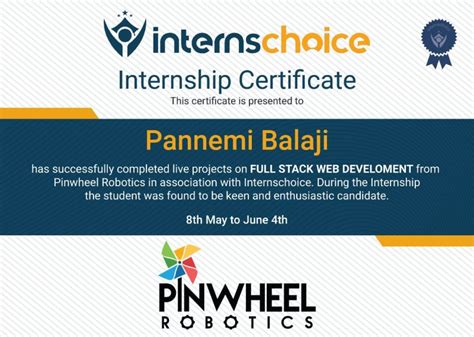 Successfully Completed Full Stack Web Development Internship Form Internchoice Balaji Pannemi